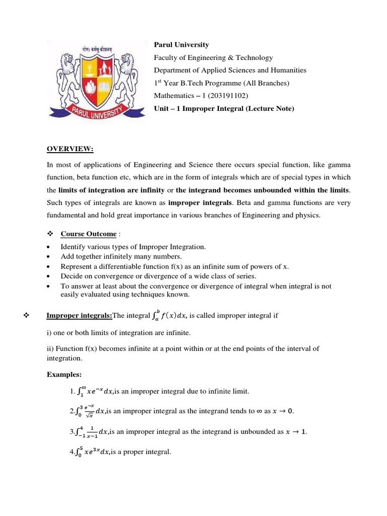 Unit 1 - A - Improper Integral | Download Free PDF | Integral ...