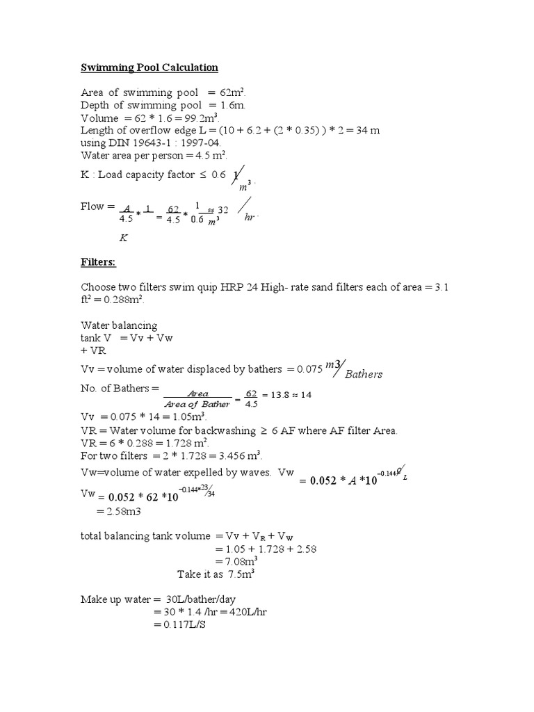 Swimming Pool Calculation: A K M HR | PDF | Pump | Swimming Pool