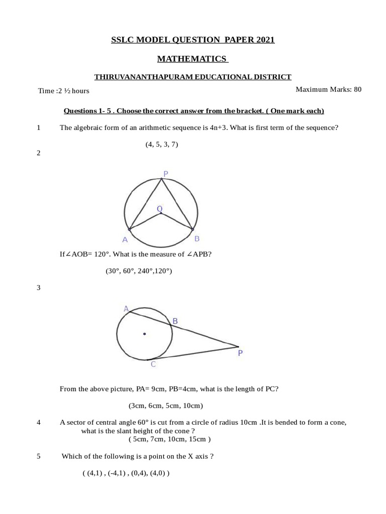 SSLC Class 10 Maths Model Paper 2021 | PDF | Area | Circle