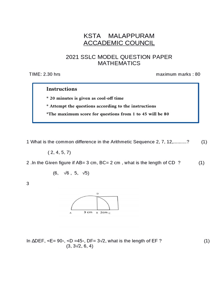 SSLC MATHS Question Paper by KSTA (Eng Med) | PDF | Circle | Triangle