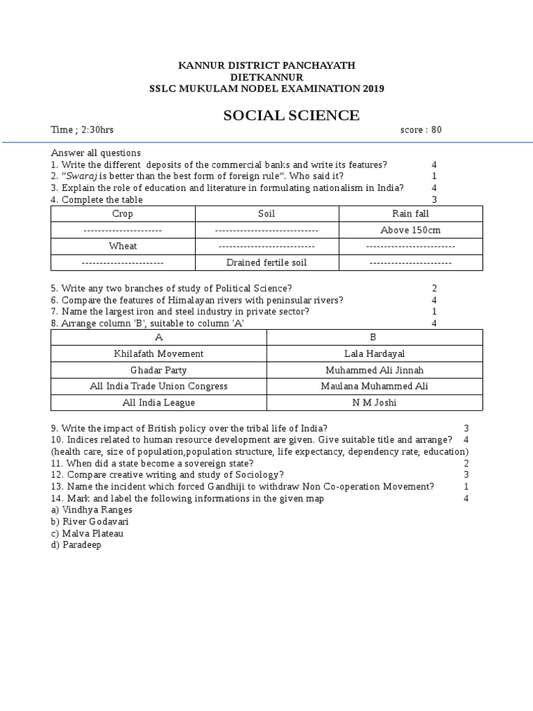 SSLC 2019 Model Question Paper - Mukulam - Social Science English | PDF ...