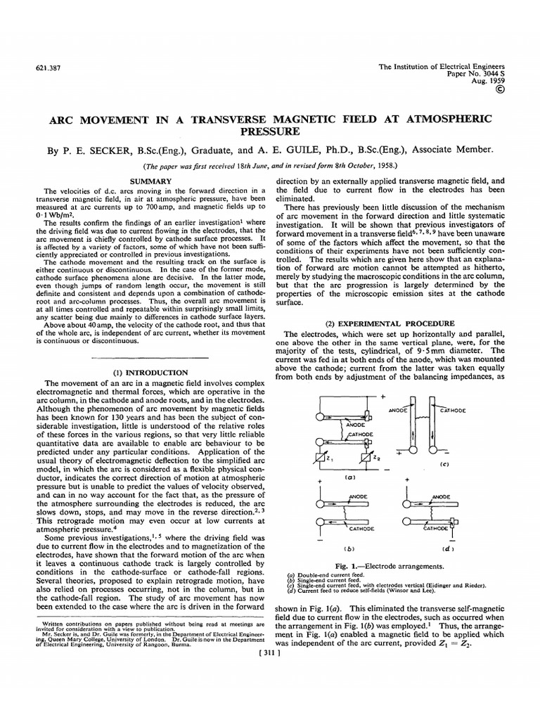 ARC MOVEMENT IN A TRANSVERSE MAGNETIC FIELD Secker1959 | PDF | Cathode ...