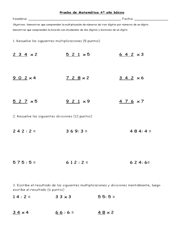 Prueba de Matemática 4 Multiplicacion y Division | PDF | Métodos y ...