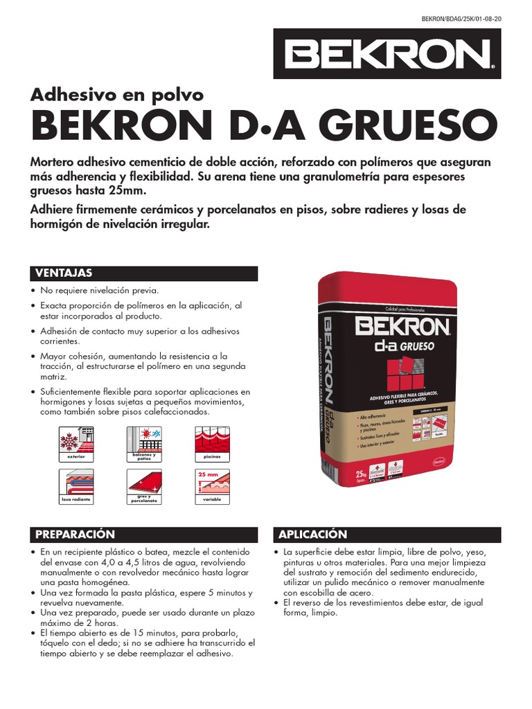 Adhesivos y Sellos - Adhesivo Porcelanato Bekron DA | PDF | Hormigón | Agua