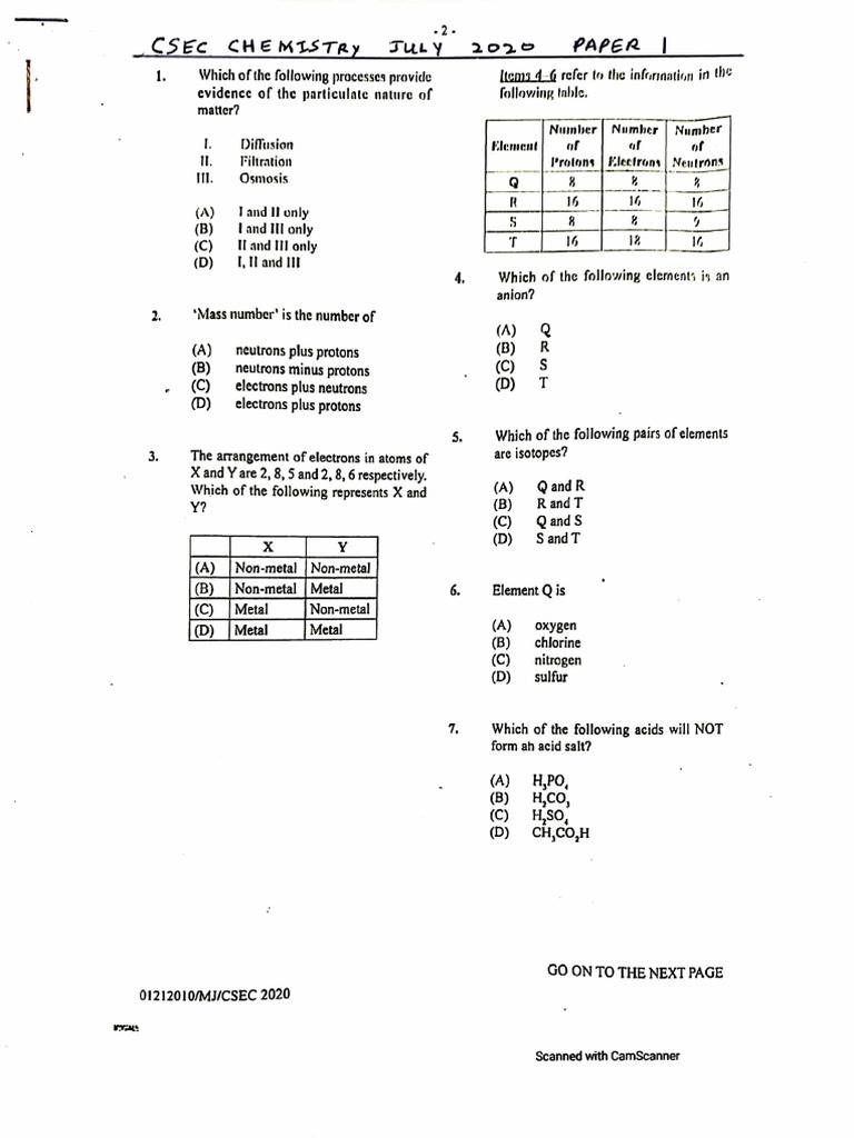 CSEC Chemistry June 2020 P1 | PDF | Chemical Compounds | Ion