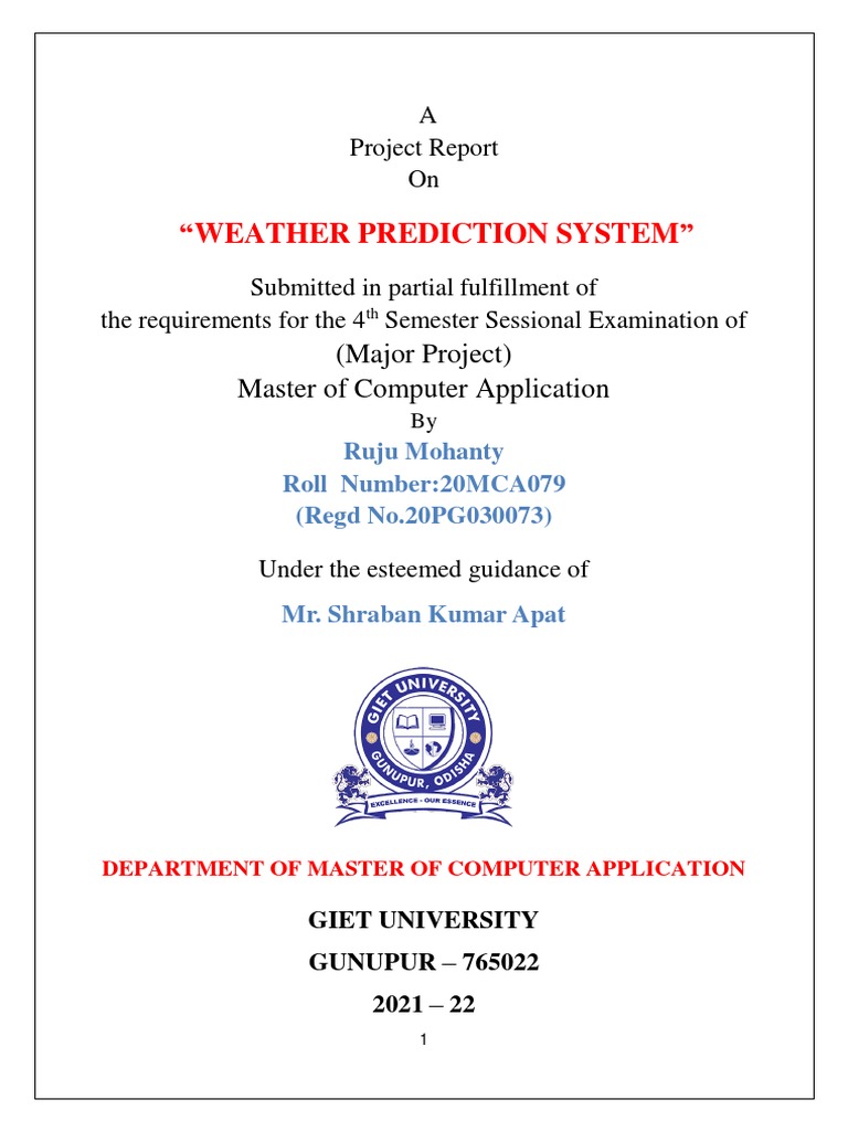 "Weather Prediction System": (Major Project) Master of Computer ...