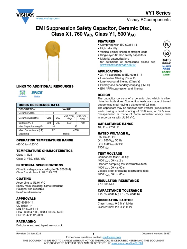 VY1 Series EMI Suppression Safety Capacitor, Ceramic Disc, Class X1 ...