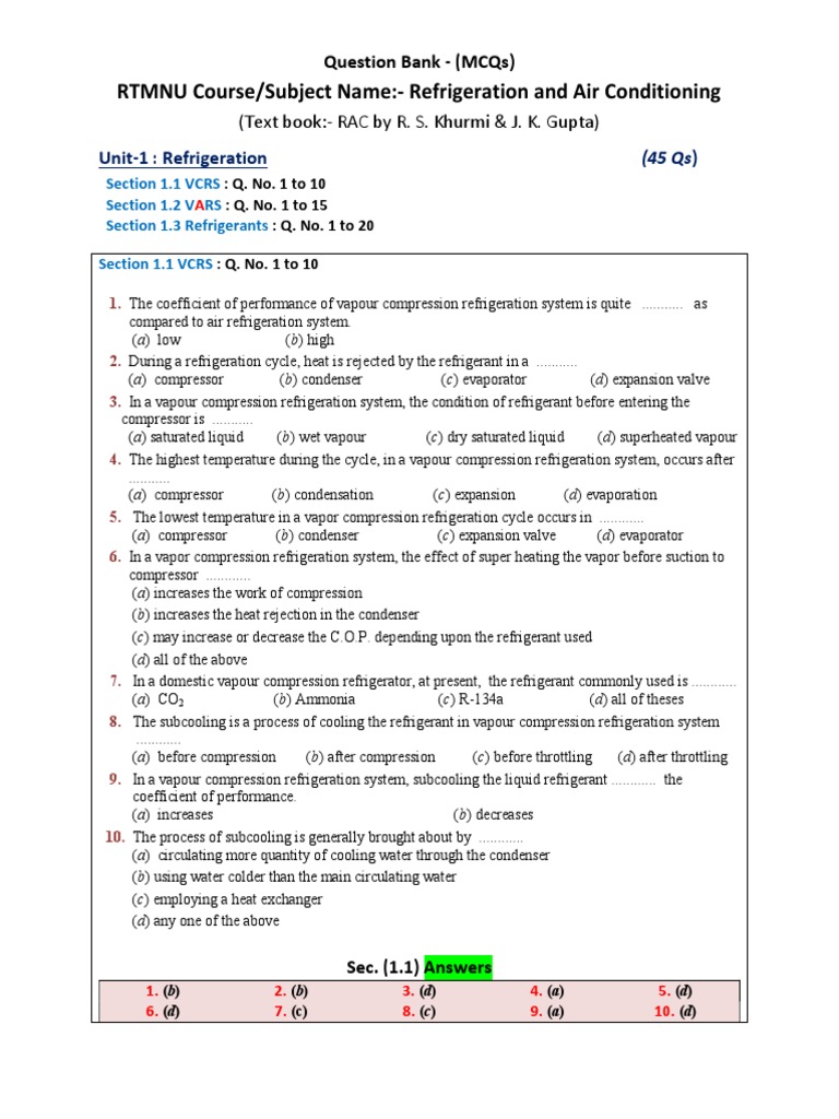 RAC MCQs-180-set-01 V2 | PDF | Home Appliance | Transport Phenomena