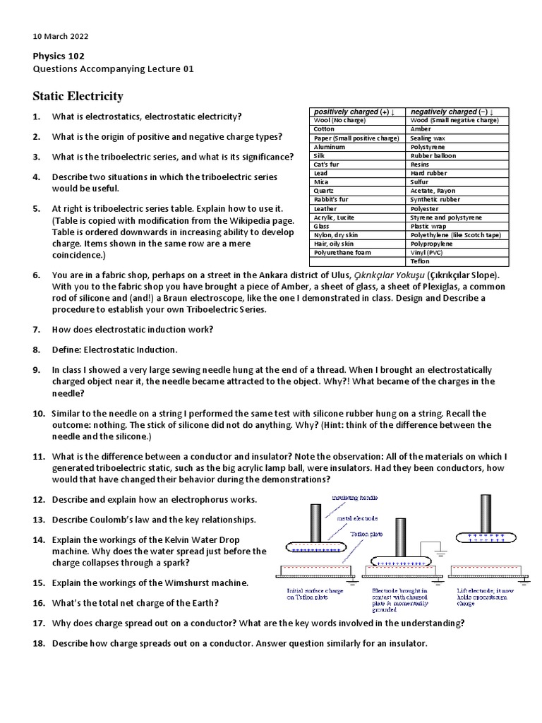 Static Electricity: Questions Accompanying Lecture 01 | PDF | Electric ...