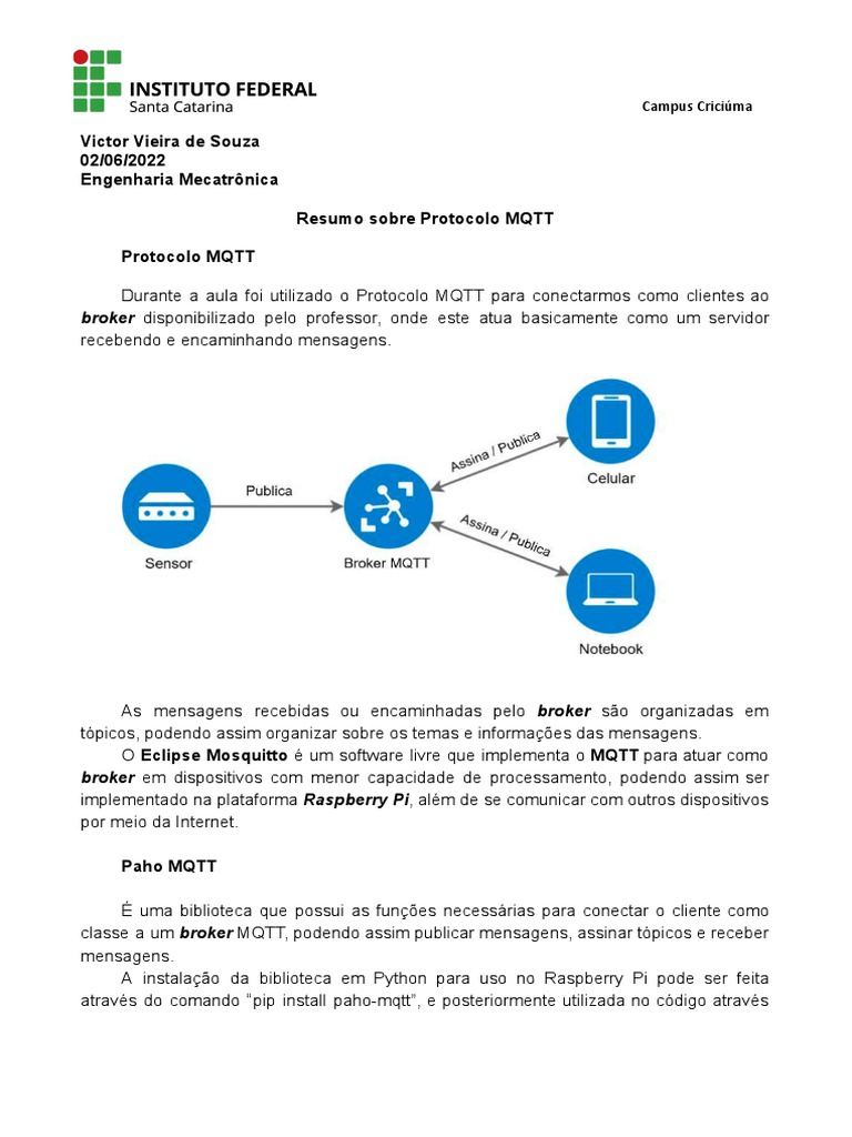 Resumo sobre o uso do Protocolo MQTT, biblioteca Paho MQTT e plataforma ...