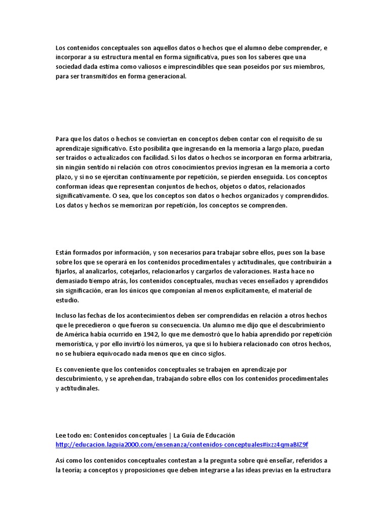 Los Contenidos Conceptuales Son Aquellos Datos o Hechos Que El Alumno ...