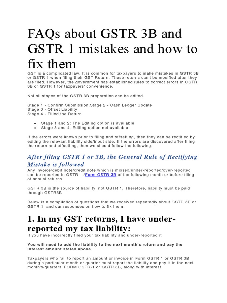 FAQs About GSTR 3B and GSTR 1 Mistakes and How To Fix Them | PDF | Value Added Tax | Taxpayer