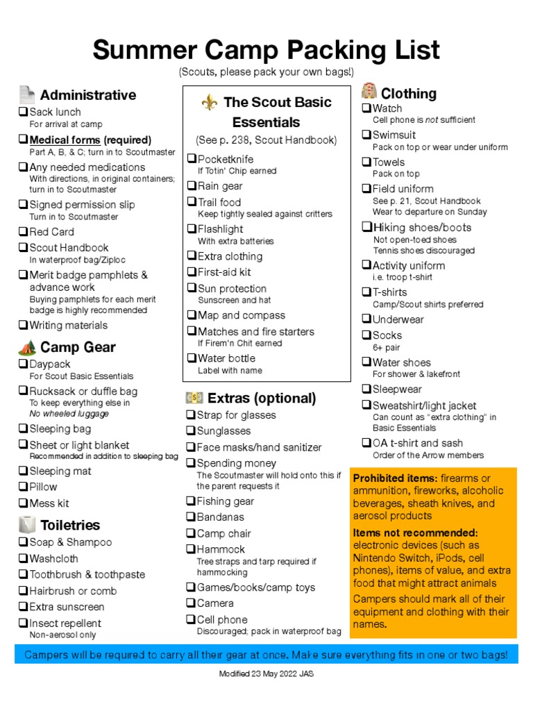 Summer Camp Packing List | PDF | Scouting | Backpack