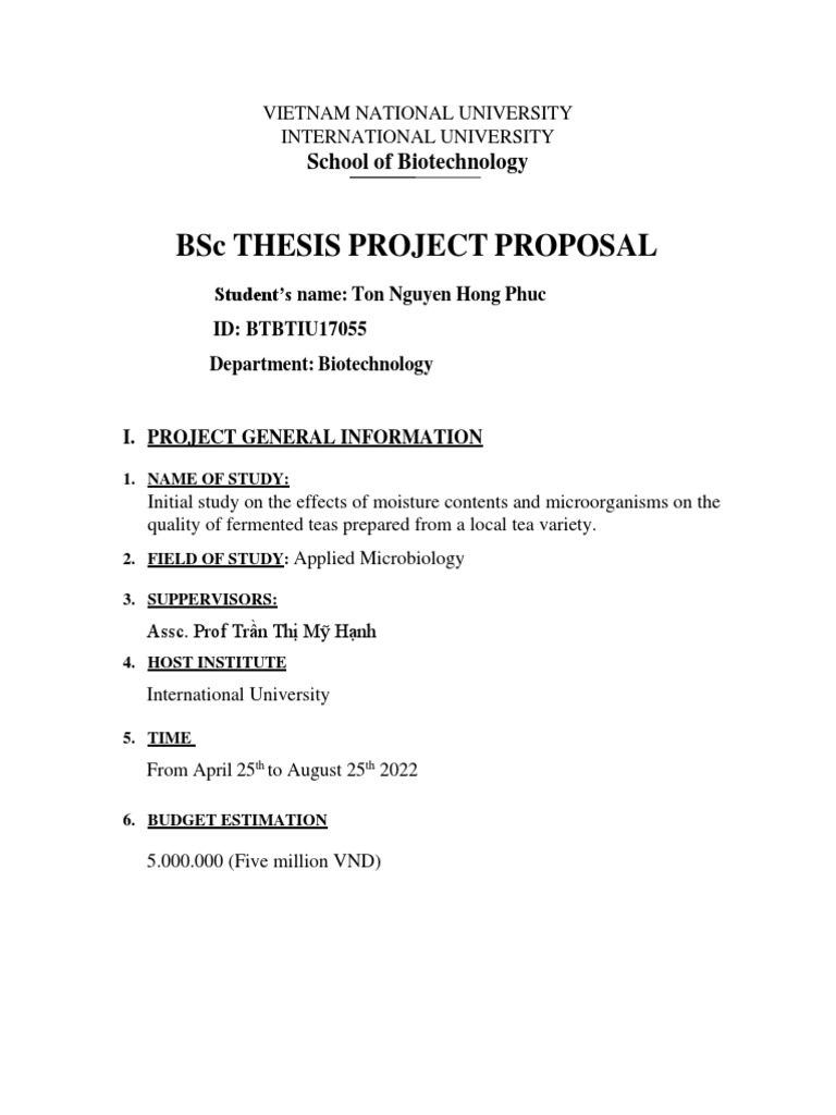 BSC Thesis Project Proposal: School of Biotechnology | PDF | Chemistry
