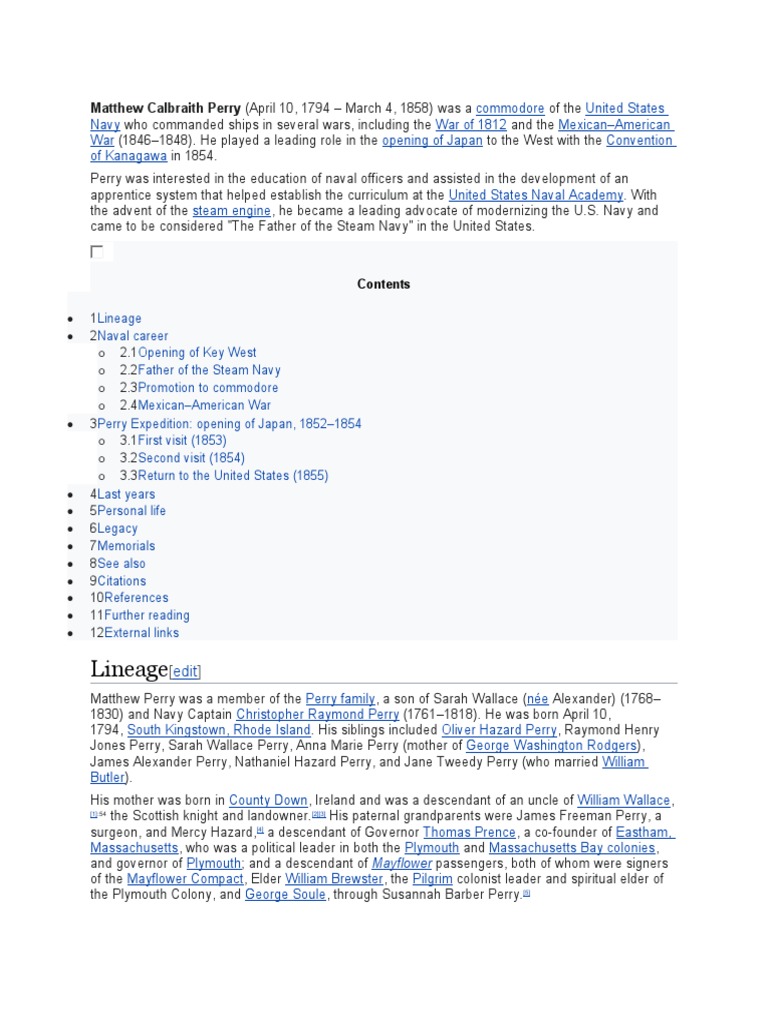Lineage: Matthew Calbraith Perry (April 10, 1794 - March 4, 1858) Was A ...