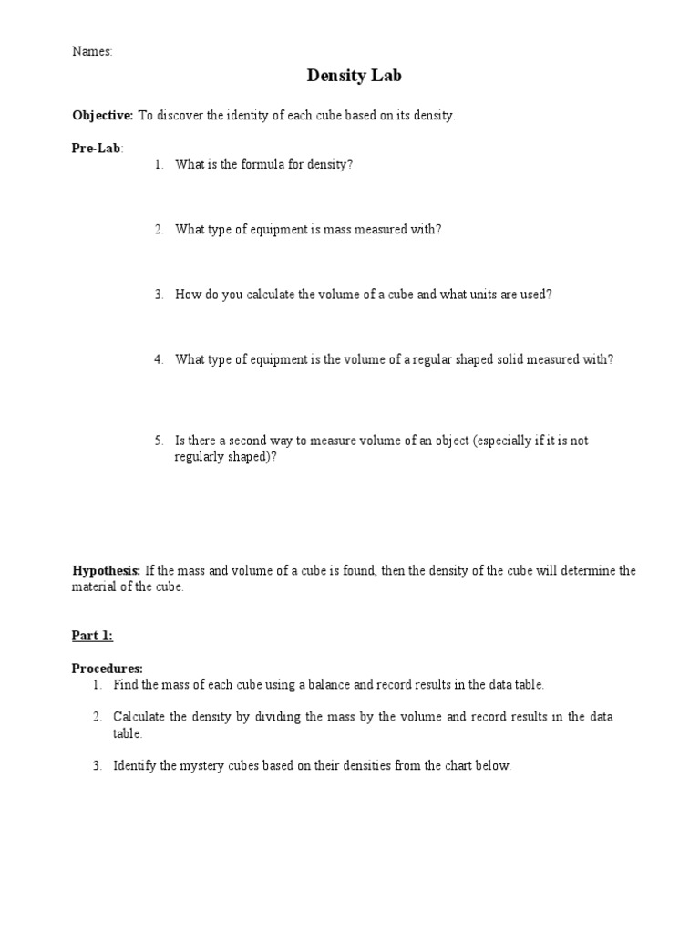 Density Lab: Objective: To Discover The Identity of Each Cube Based On Its Density. Pre-Lab ...
