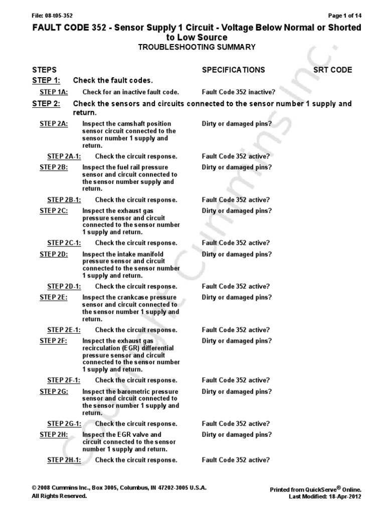 FAULT CODE 352 - Sensor Supply 1 Circuit - Voltage Below Normal or ...