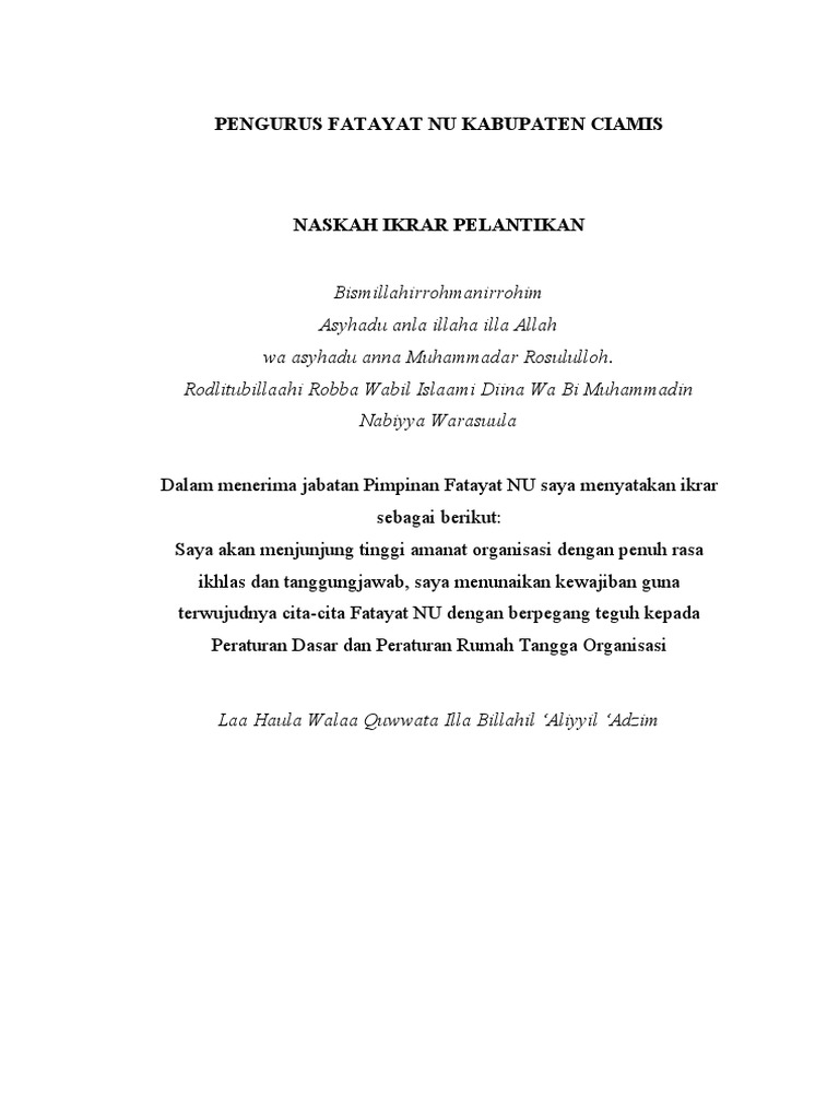 Ikrar Fatayat NU PC Ciamis | PDF