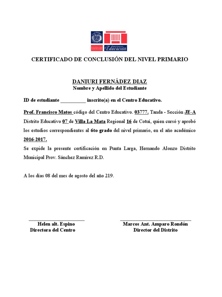 Certificado de Conclusión Del Nivel Primario | PDF | Crecimiento ...
