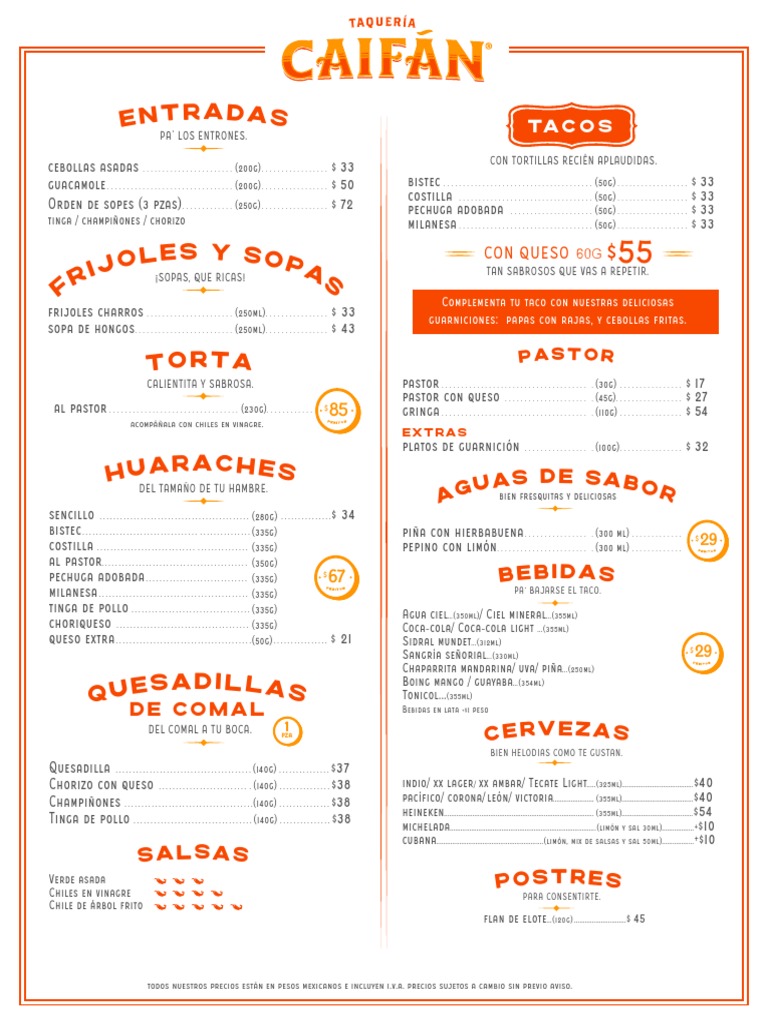 Menú de Quesadillas y Tacos Comal | PDF | Cocina | Alimentos