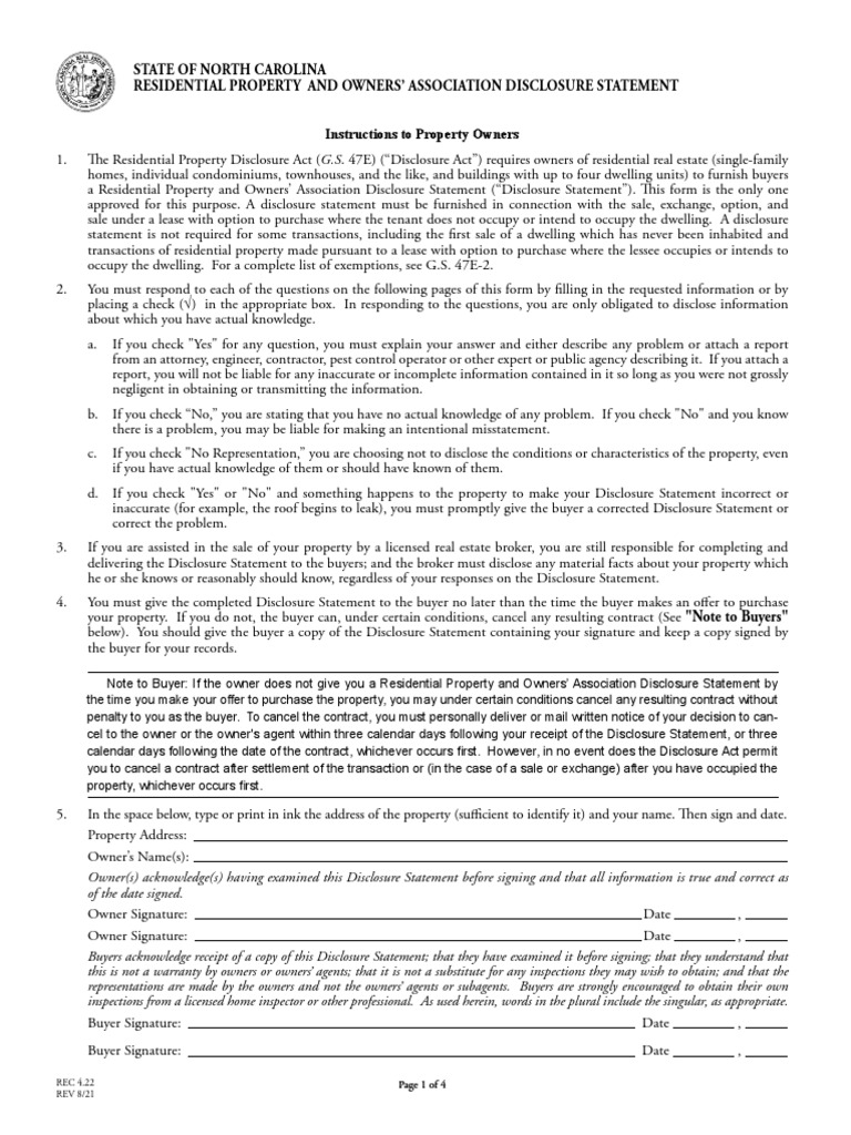 NC Residential Property Disclosure - New Form | PDF | Basement ...