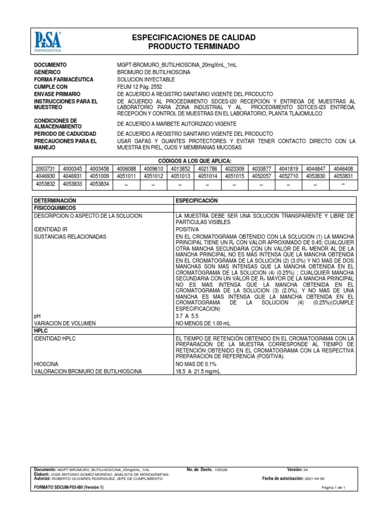 Especificaciones de Calidad Capin BH | PDF | Química