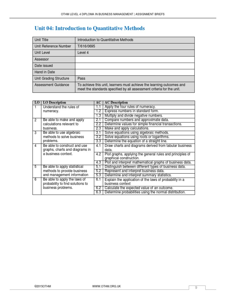 Unit 4 - Assignment Brief - Quantitative Methods | PDF | Statistics ...