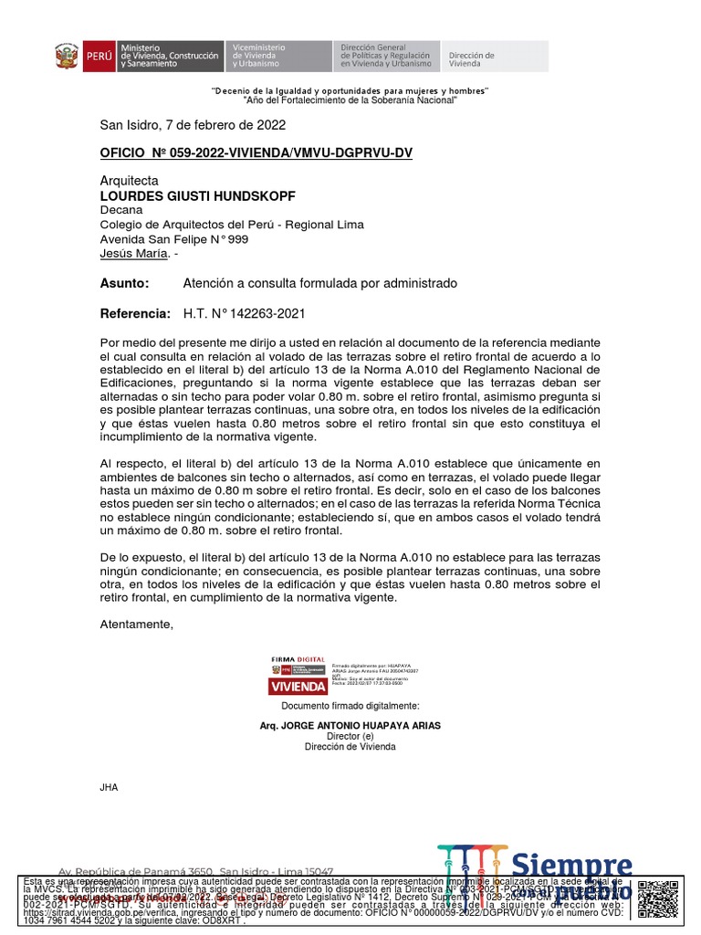 OFICIO 059 HT 142263-2021 - Volados en Terrazas | PDF | Lima | Perú