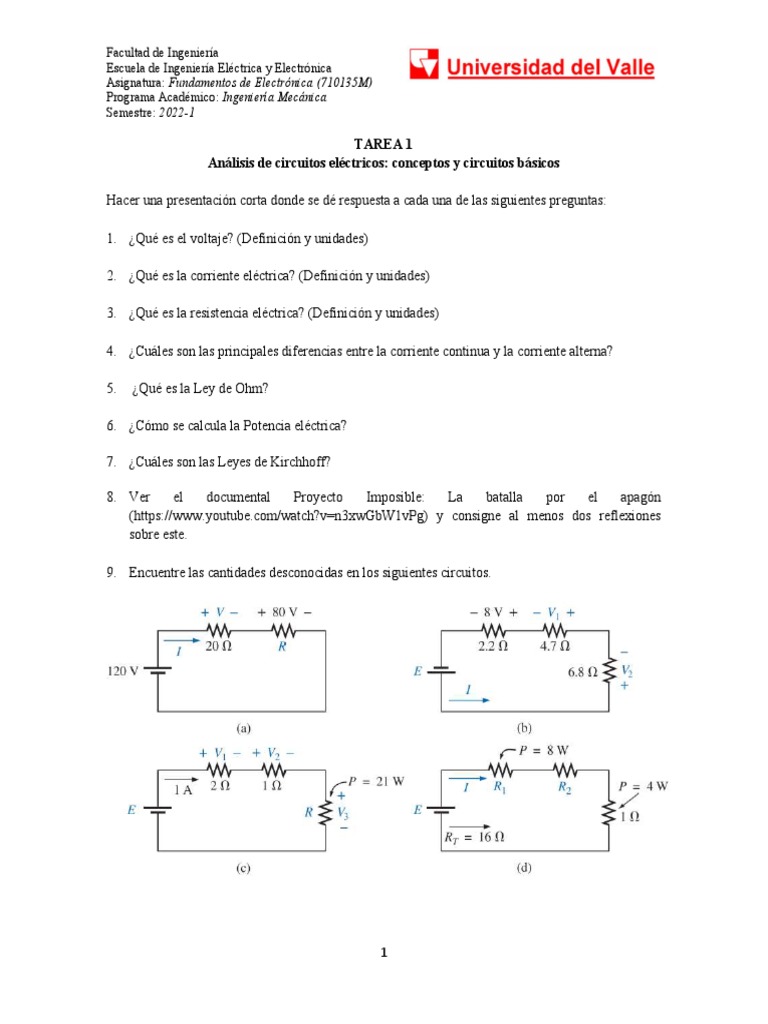 FE - 2022-1 - Tarea 1 - Conceptos y Circuitos Básicos | PDF