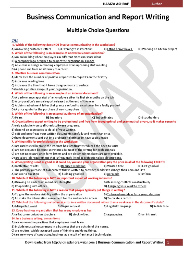 Business Communication and Report Writing Multiple Choice Questions ...