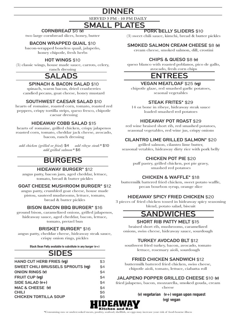 Hideaway Grille Dinner Menu | PDF | Hamburgers | Bacon