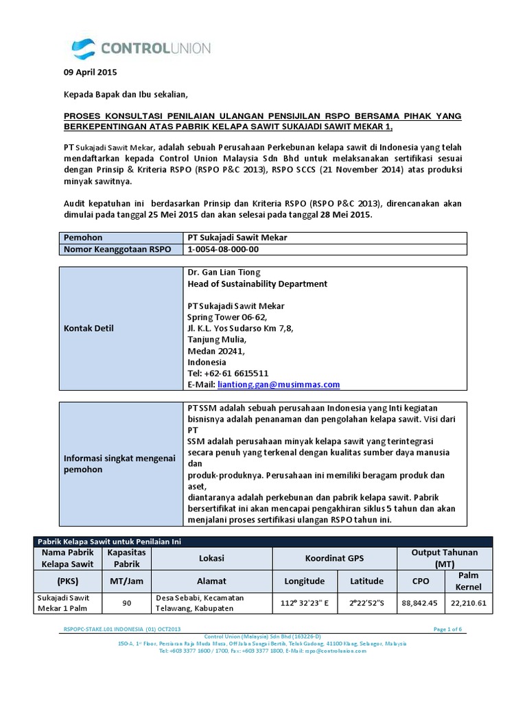 Rspo - Stakeholder Letter - Sukajadi Sawit Mekar 1 Pom 2015-Indonesia | PDF