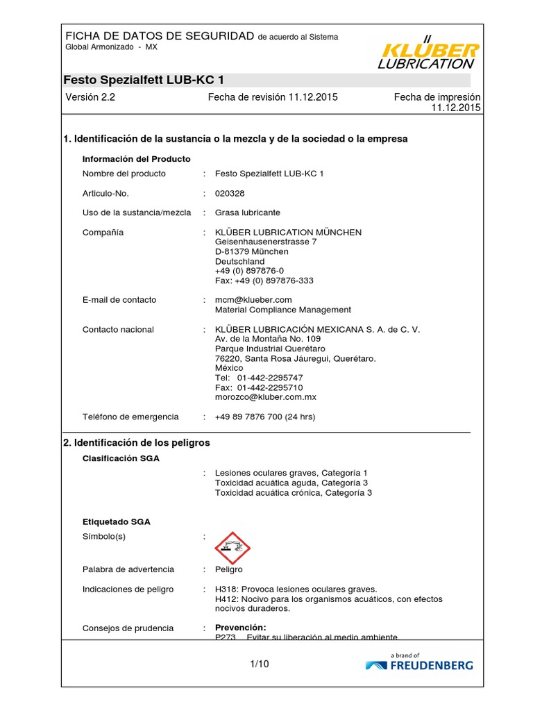 7 - Grasa Lub-Kc1 - Festo Spezialfett | PDF | Agua | Toxicidad