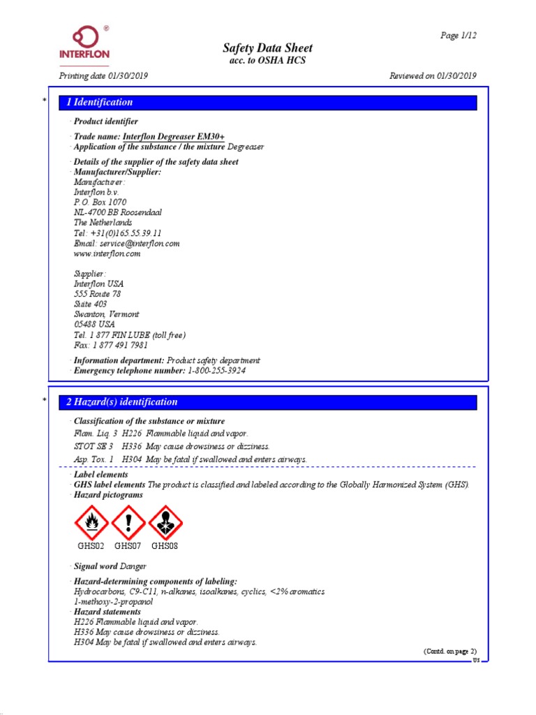 1-Interflon Degreaser Em30+ MSDS | PDF | Dangerous Goods | Firefighting