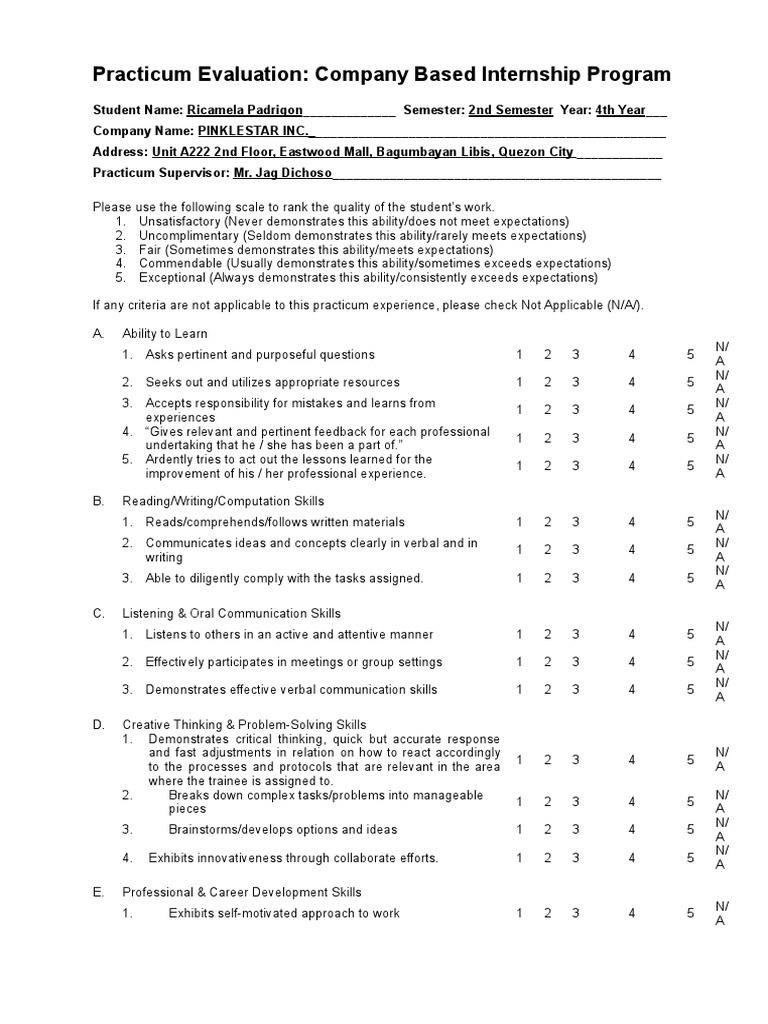 Practicum Evaluation: Company Based Internship Program | PDF | Skill ...