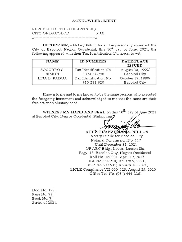 Notarized Acknowledgment of Two Individuals and Their Tax ...