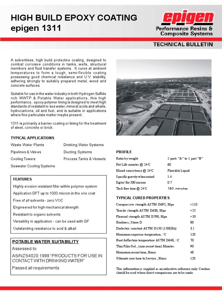 High Build Epoxy Coating Epigen 1311: Potable Water Suitability | PDF ...