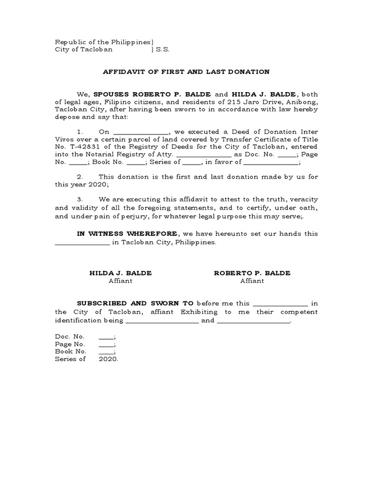 Affidavit of First Donation 2020 | PDF | Law