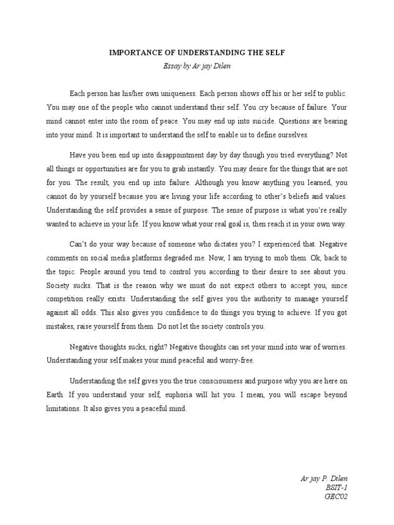 Importance of Understanding The Self: Essay by Ar Jay Dilen | PDF