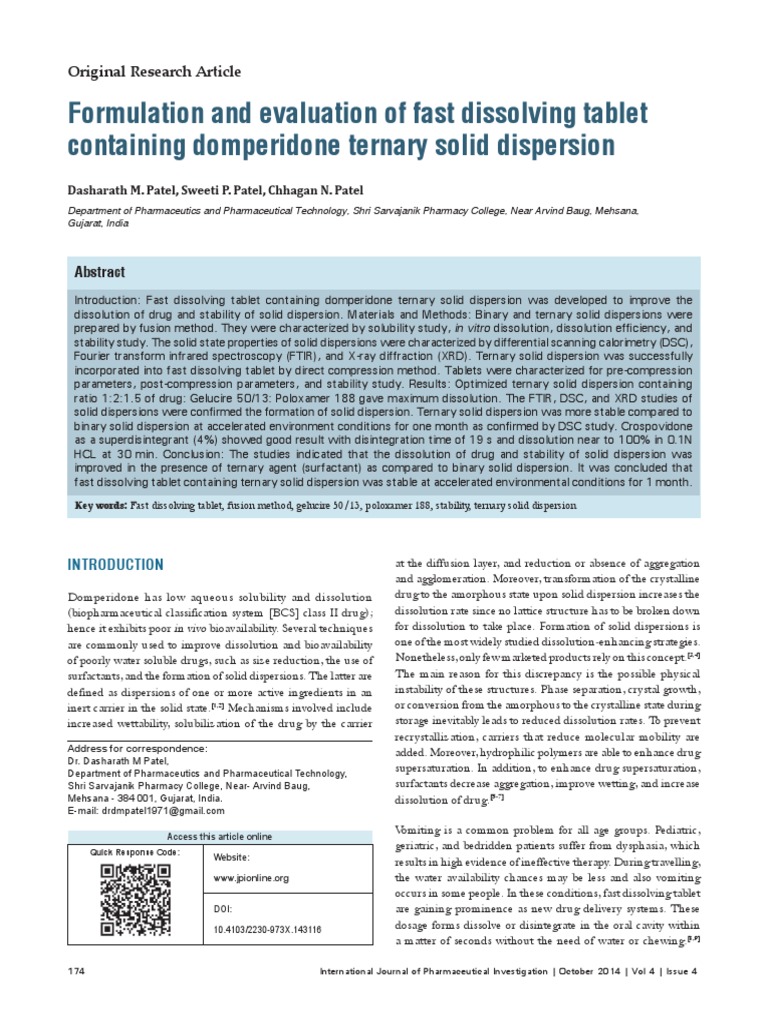 Formulation and Evaluation of Fast Dissolving Tablet Containing ...