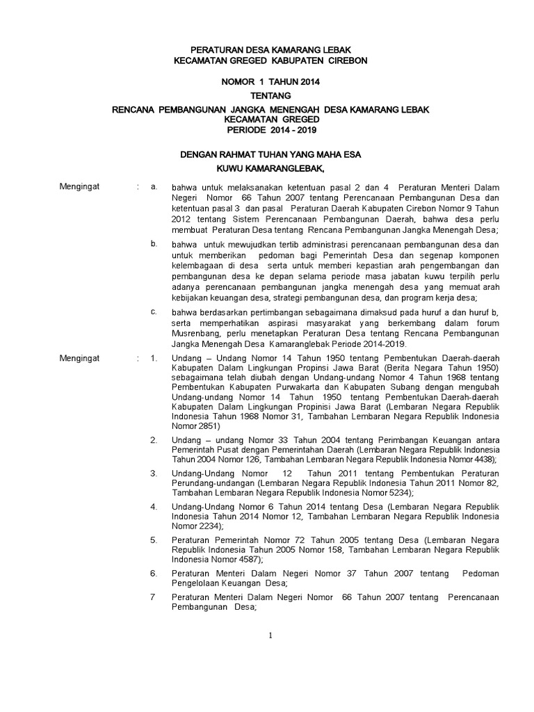 Contoh Perdes Rpjmdesa Desa Kamaranglebak | PDF