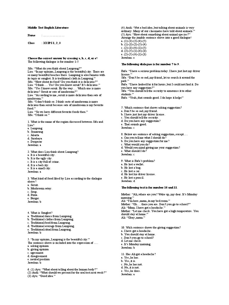 Middle Test English Literature Name: Class: XI IPS 1, 2, 3 | PDF