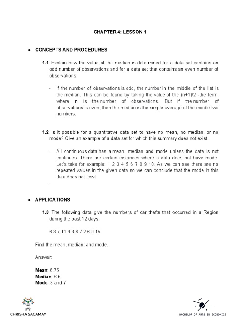 STAT Chapter 4 - Lesson 1 Asessment | PDF | Mode (Statistics) | Median