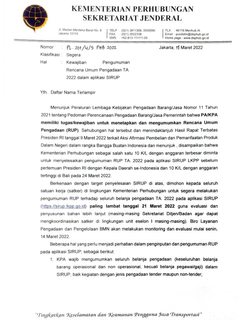 Surat Kewajiban Pengumuman RUP TA 2022 Dalam Aplikasi SIRUP OK | PDF