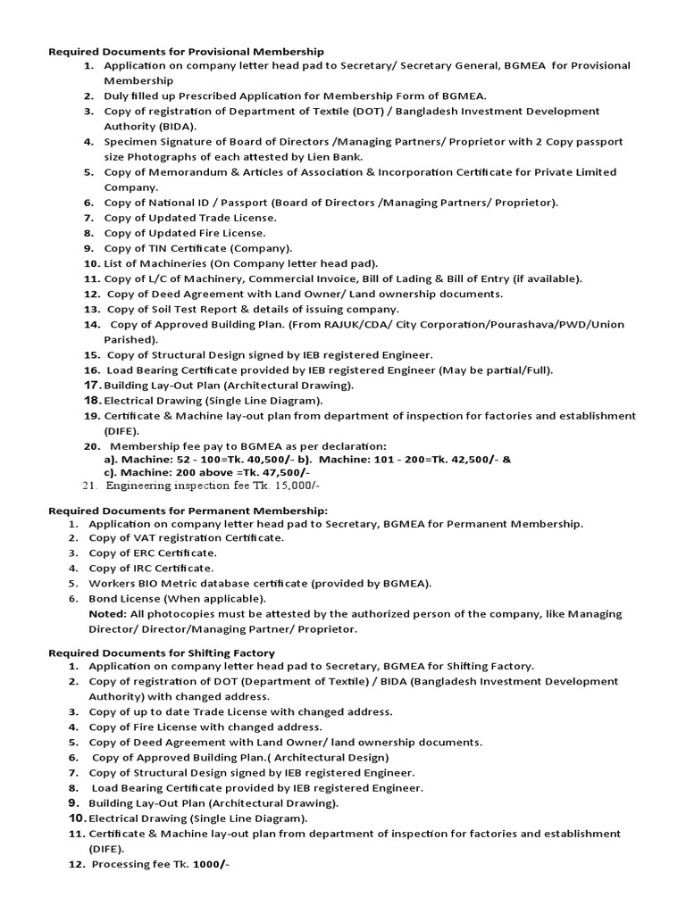 BGMEA Membership Application Factory Basic | PDF | Board Of Directors ...