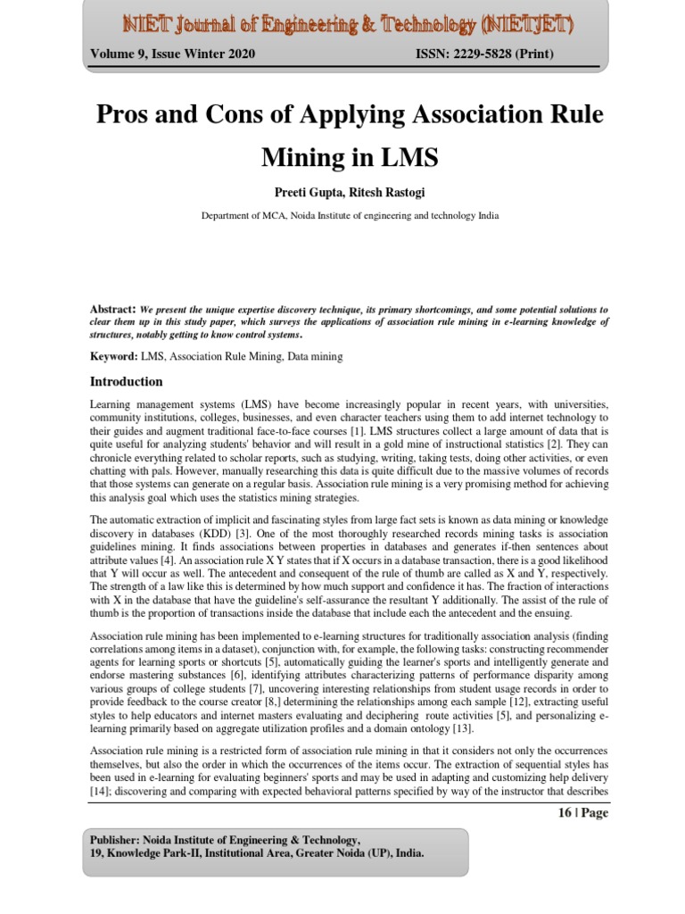 Pros and Cons of Applying Association Rule Mining in LMS | PDF ...