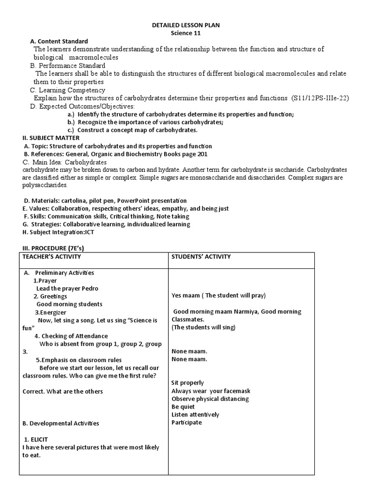 Carbohydrates: Detailed Lesson Plan Science 11 A. Content Standard ...