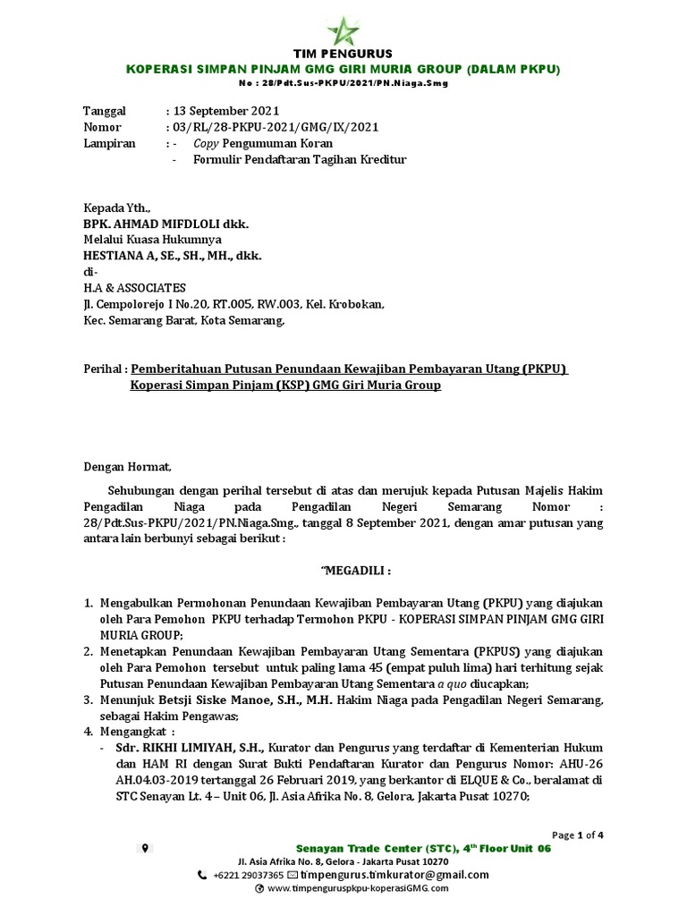 3 - Surat Pemberitauan Kreditor Ahmad Mifdloli DKK KSP GMG 13092021 | PDF