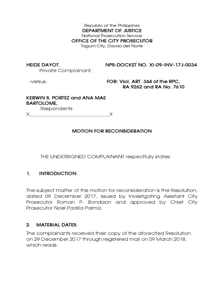 Motion For Reconsideration Sample | PDF | Lawsuit | Prosecutor