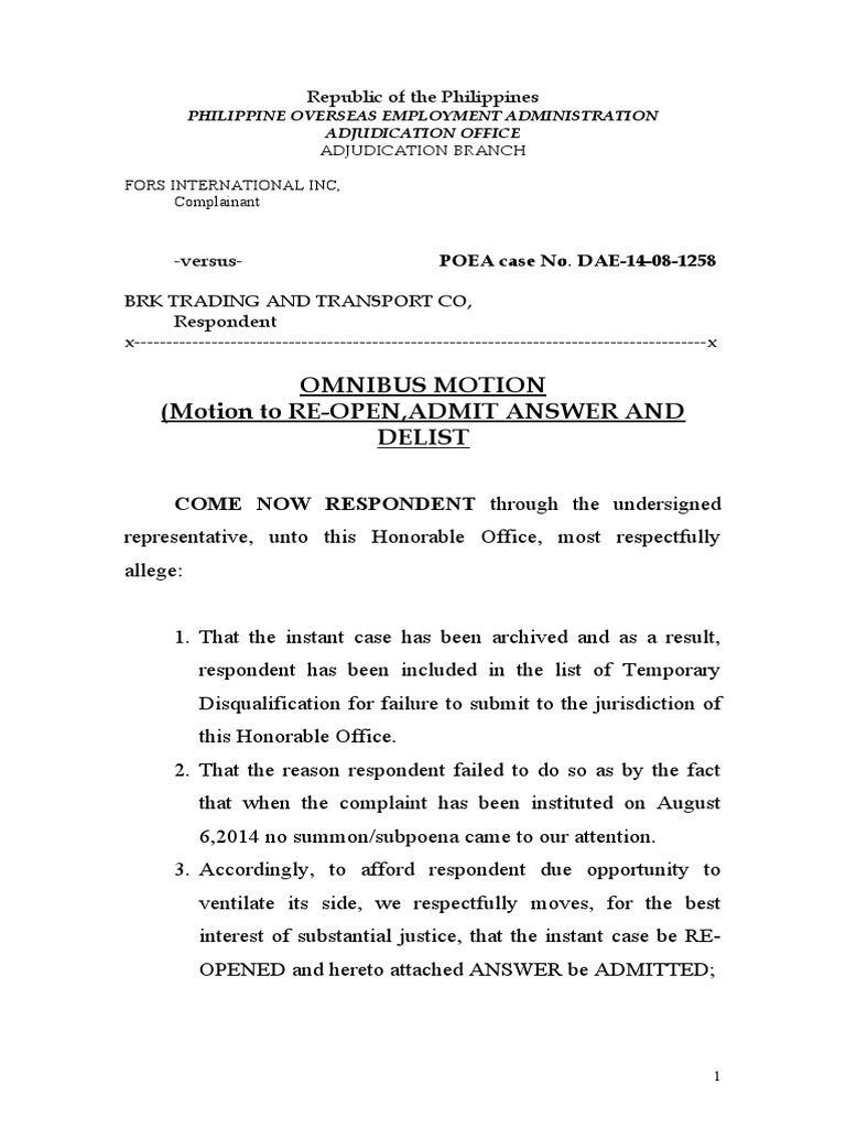 Omnibus Motion (Motion To Re-Open, Admit Answer and Delist: Republic of ...